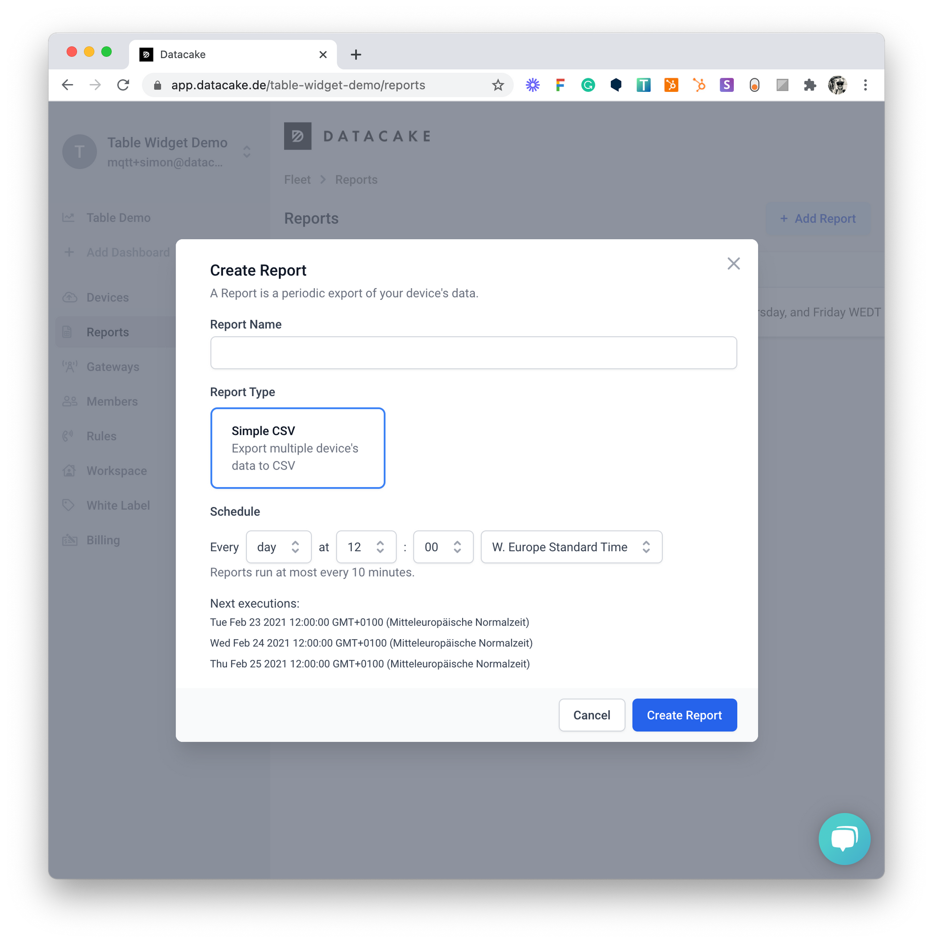 Datacake | Periodically Send CSV Exports per Mail